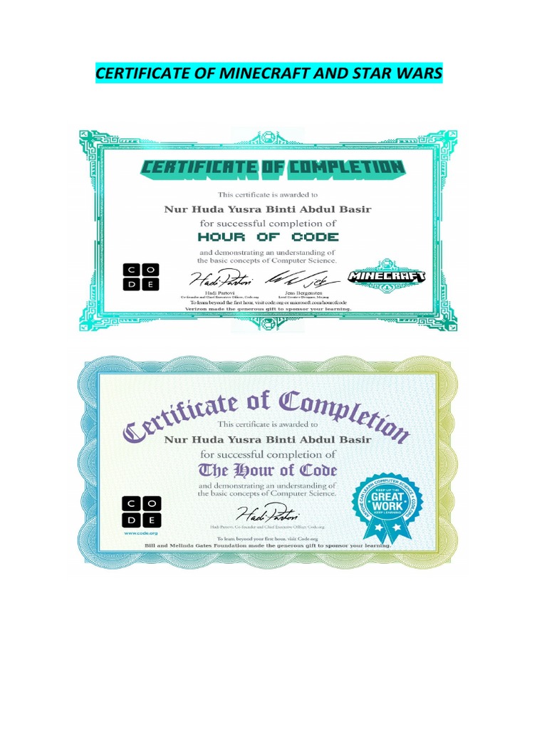 Certificate of Minecraft and Star Wars | PDF