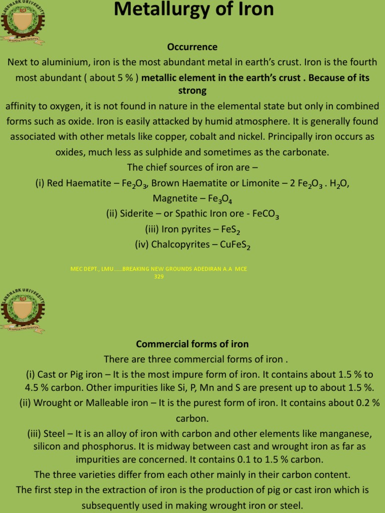 Metallurgy of Iron | PDF | Iron | Blast Furnace