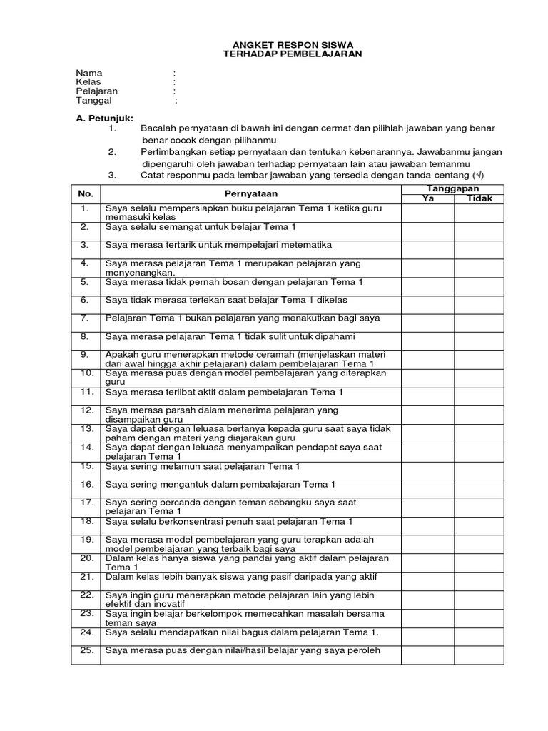 Angket Respon Siswa Pembelajaran Tema 1 | PDF