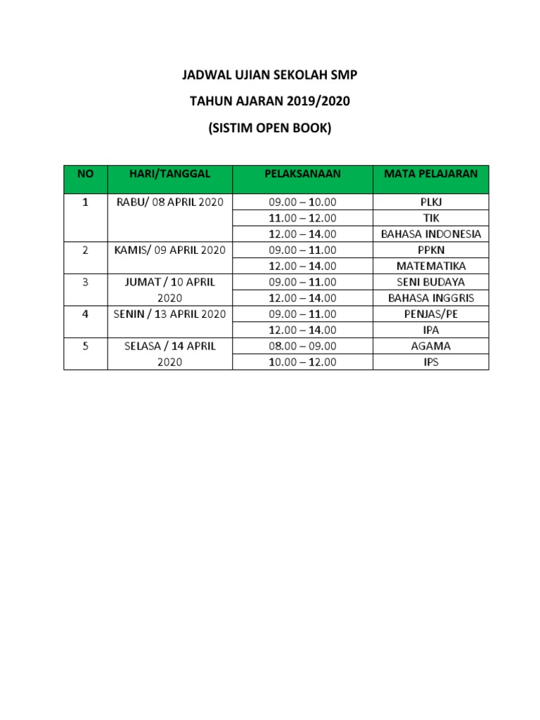 Jadwal Ujian Sekolah SMP | PDF