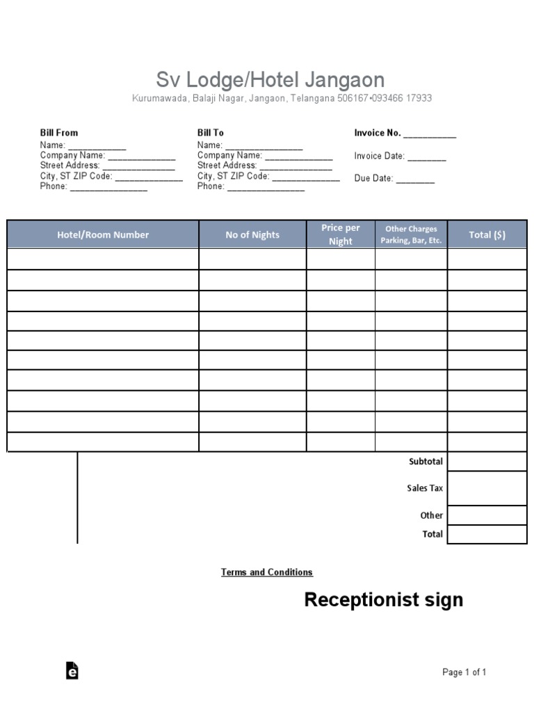 Sv Lodge Hotel Jangaon Invoice Template | PDF
