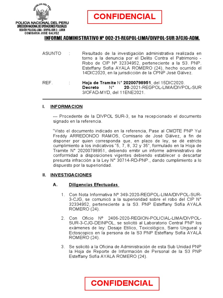 Informe Administrativo Disciplinario Perdida de Cip Ayala Romero ...