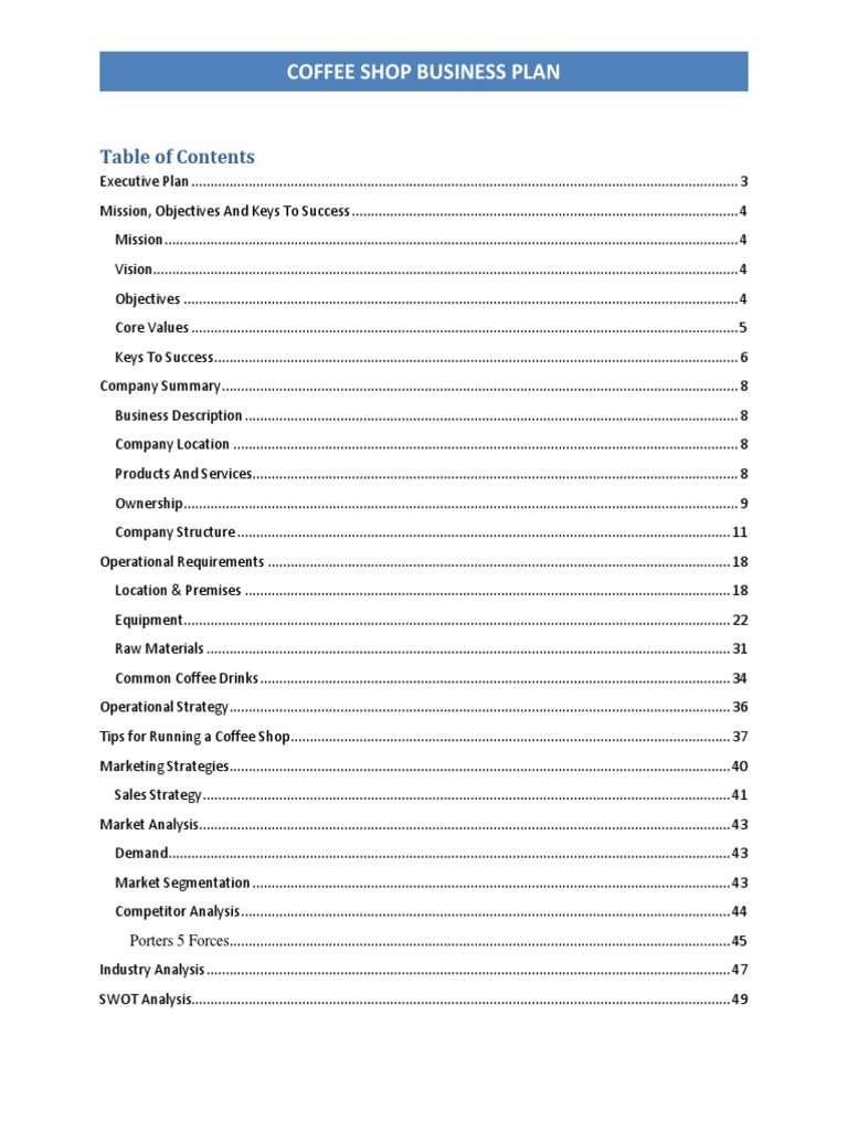 Coffee Shop Business Plan Contents Table | PDF | Risk | Pro Forma