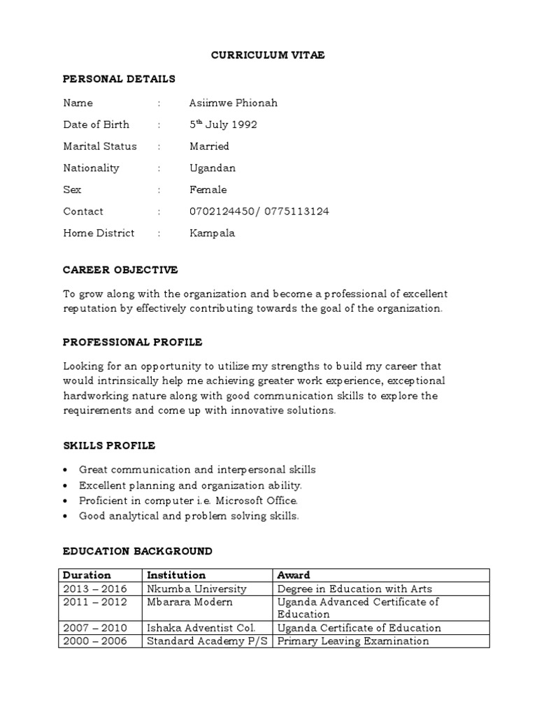 Curriculum Vita2 Phionah | PDF | Fluency | Leadership