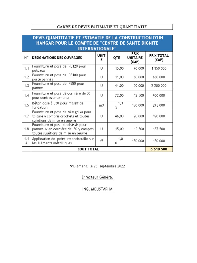 Cadre de Devis Estimatif Et Quantitatif | PDF