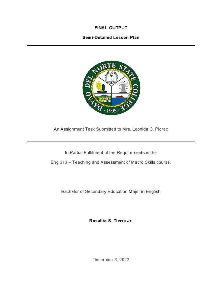 ENG313 - Semi-Detailed Lesson Plan | PDF | Lesson Plan | Critical Thinking