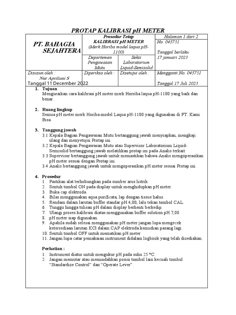 PROTAP KALIBRASI PH METER. | PDF | Sains & Matematika | Teknologi & Rekayasa