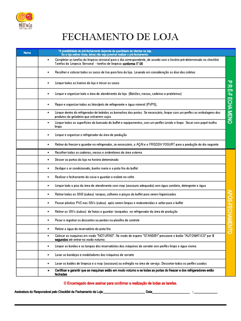 Fechamento da loja: checklist completo de tarefas | PDF | Geladeira