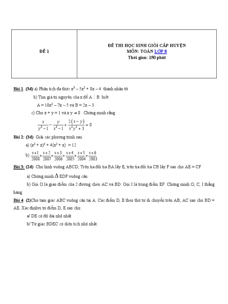 Bo de Thi Hoc Sinh Gioi Mon Toan 8 Cap Huyen | PDF
