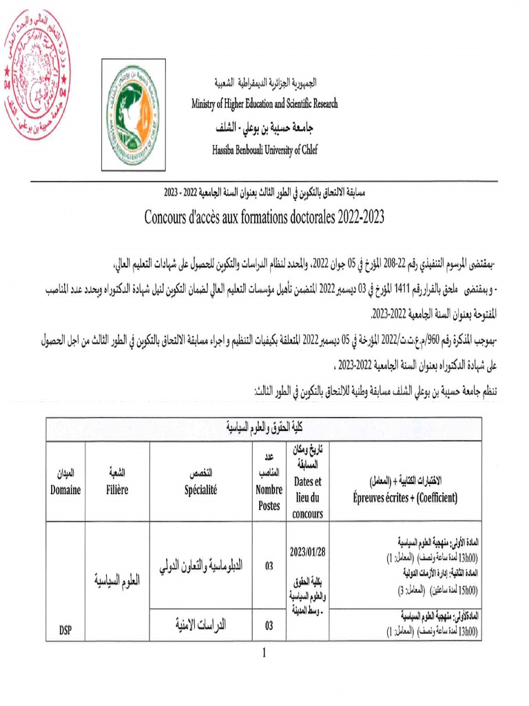 Univ Chlef Placard - Doctorat 2022 2023 | PDF