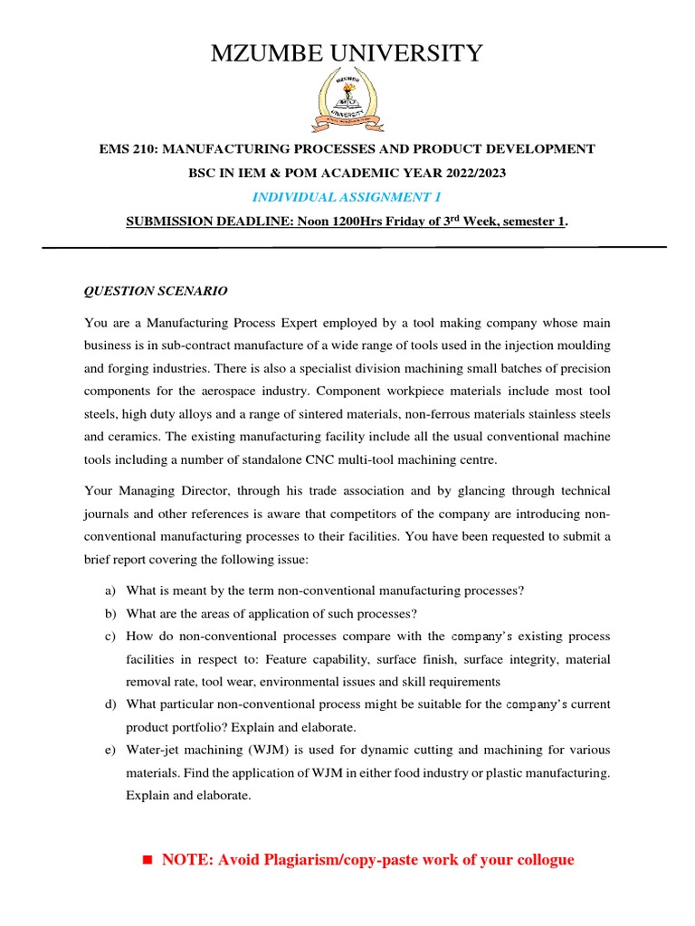 MZUMBE UNIVERSITY EMS 210 MANUFACTURING PROCESSES ASSIGNMENT | PDF
