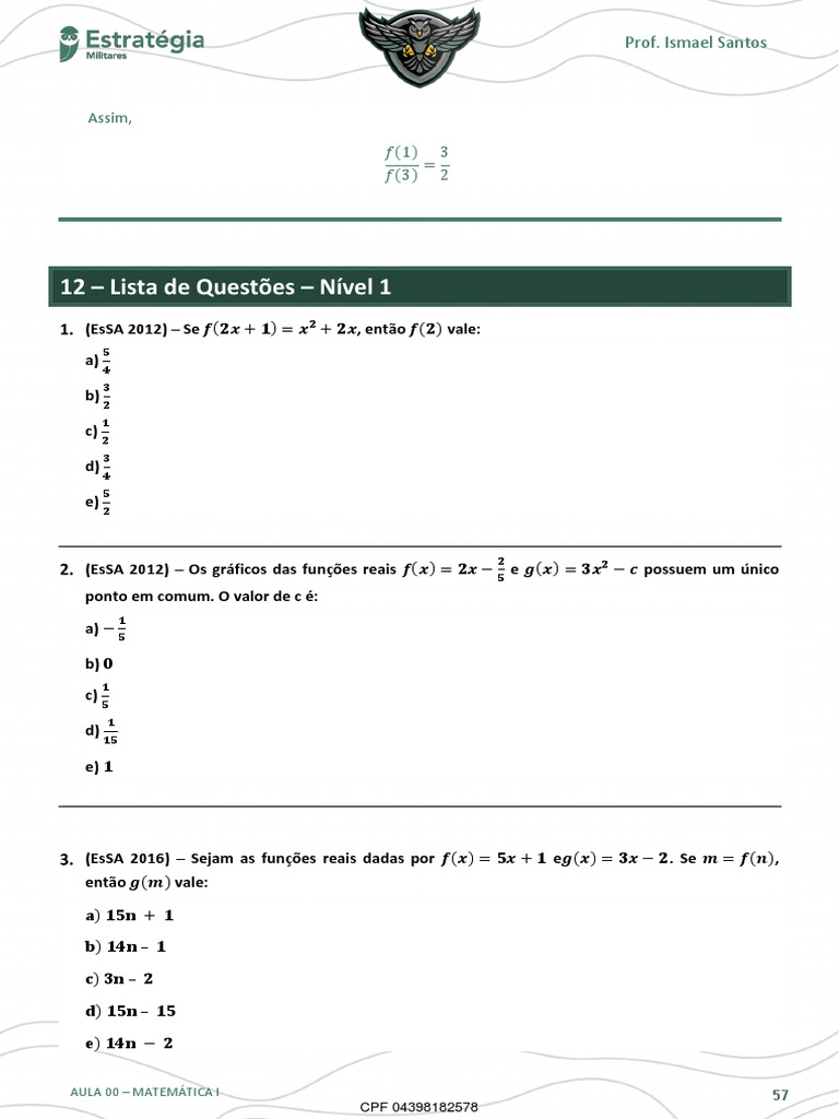 Lista de exercícios de funções matemáticas com questões sobre domínios ...