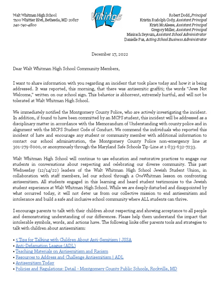 12.17.22 Letter To WW Community - Antisemitic Graffiti | PDF ...