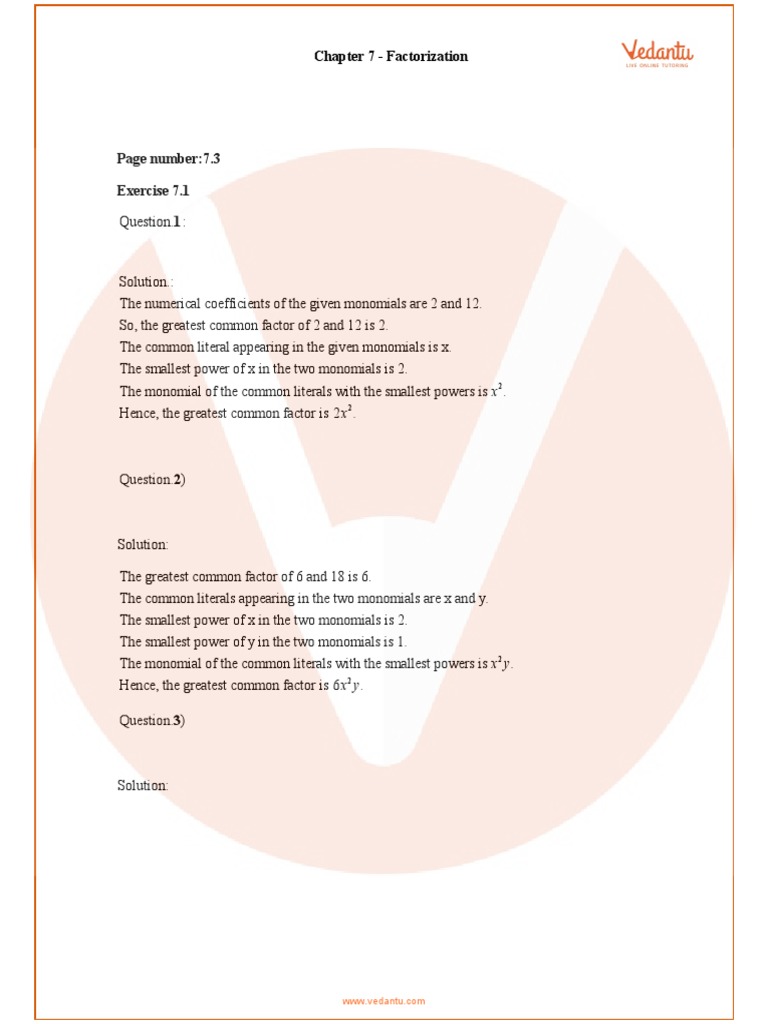 RD Sharma Class 8 Solutions Chapter 7 - Factorization (Ex 7.1) Exercise 7.1 - Free PDF | PDF ...