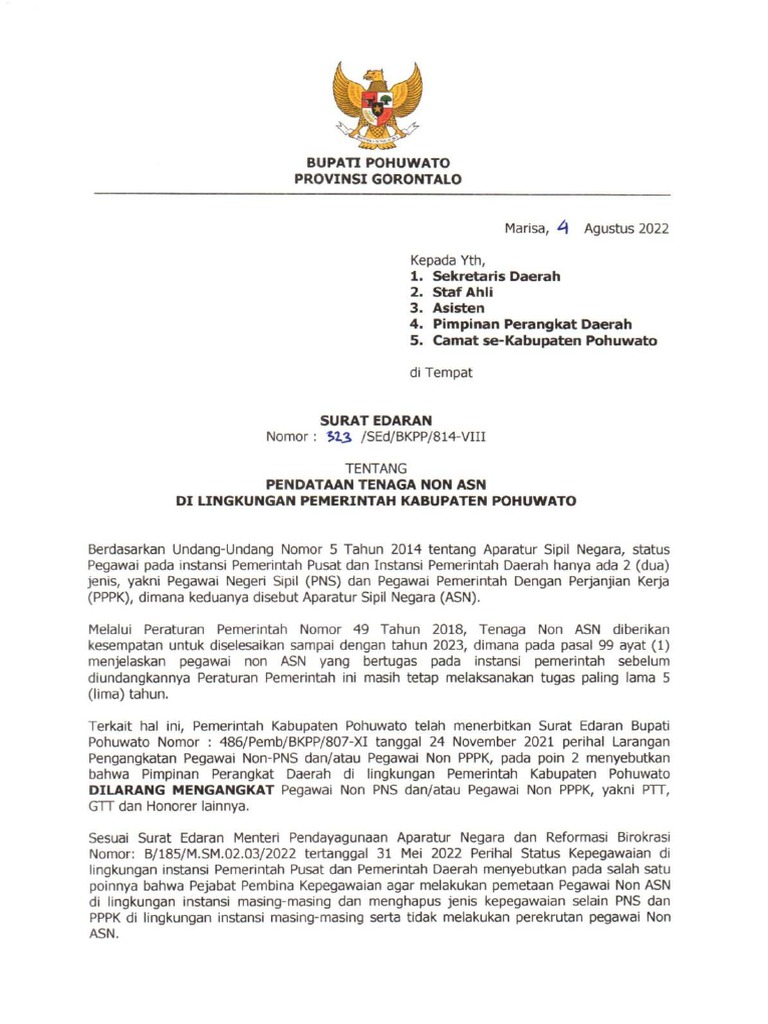 Surat Edaran Tentang Pendataan Tenaga Non ASN | PDF