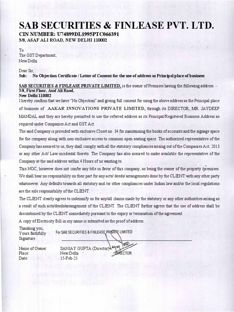 NOC for Business Address Use in Delhi | PDF | Law