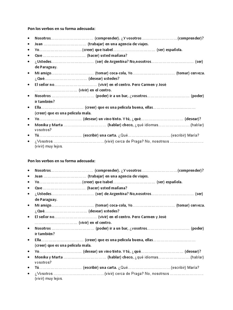 Presente Verbos Regulares Ejercicios 1 | PDF