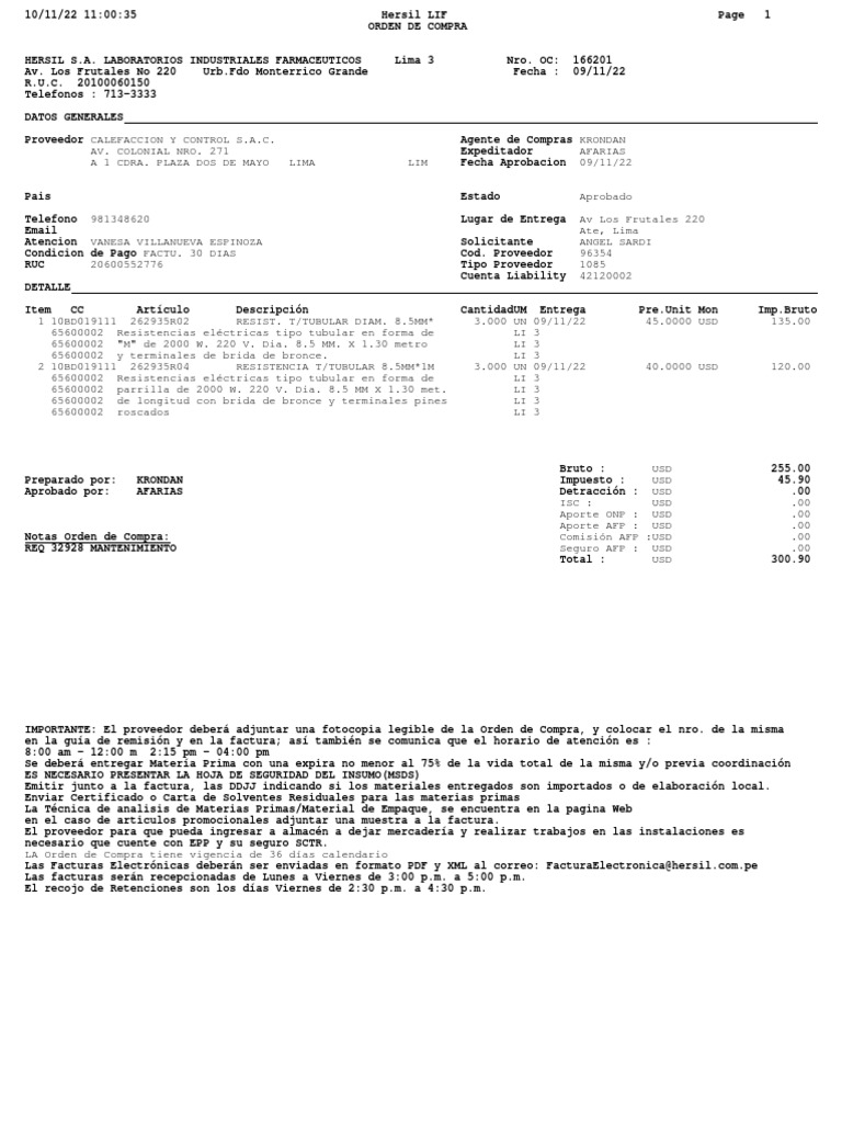 Orden de Compra Nro. 166201 Hersil S.A. | PDF