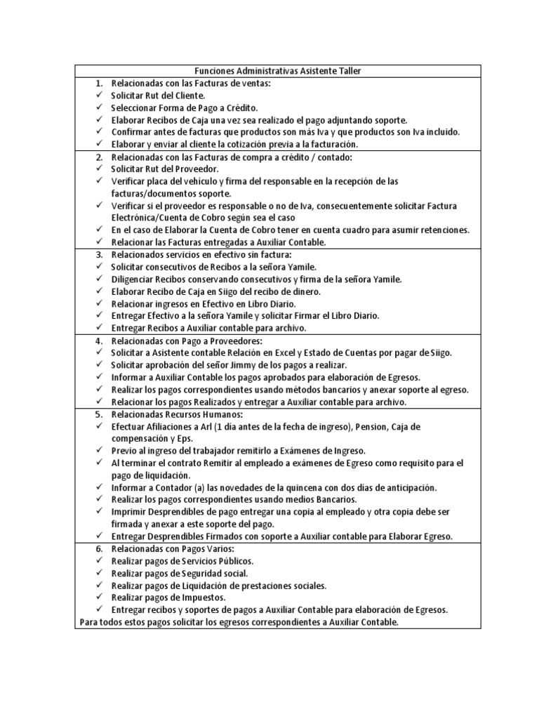 Funciones Asistente Taller y Auxiliar Contable | PDF | Finanzas y dinero