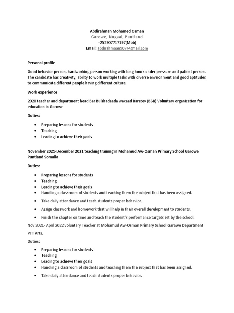 Cowke New CV | PDF | Somalia | Teachers