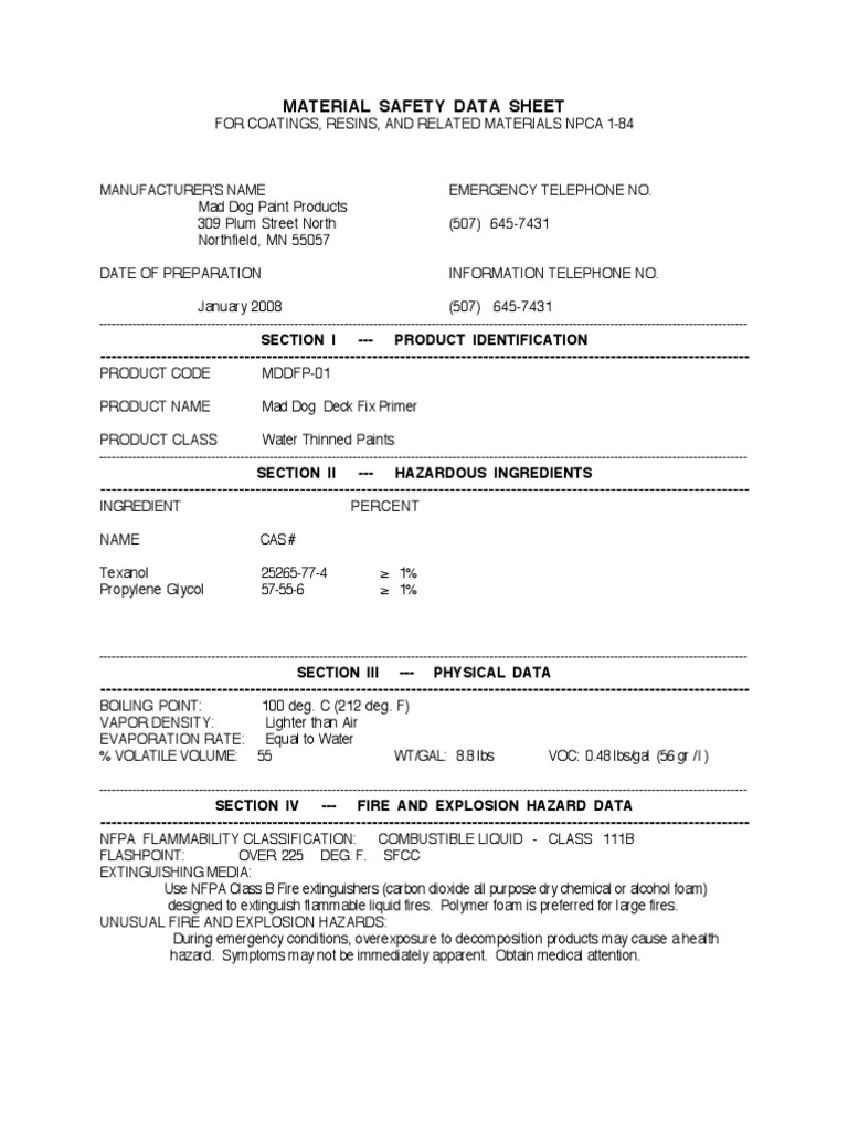 Mad Dog Deck Fix Primer Material Safety Data Sheet (MSDS) | PDF ...
