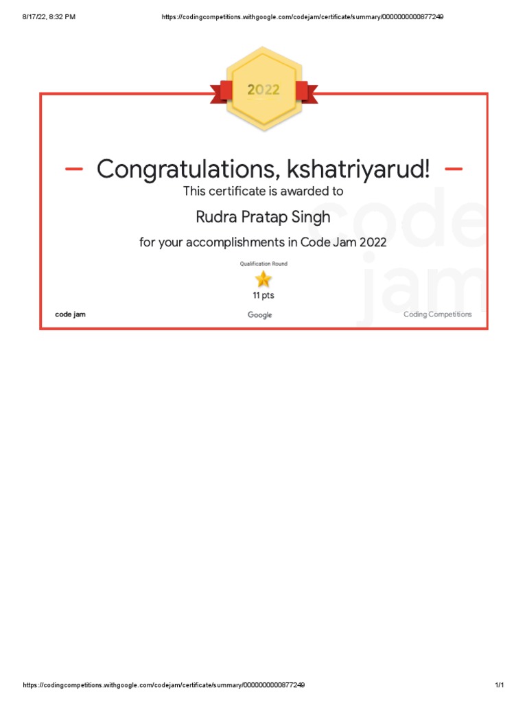 Code Jam 2022 Qualification Round Certificate | PDF