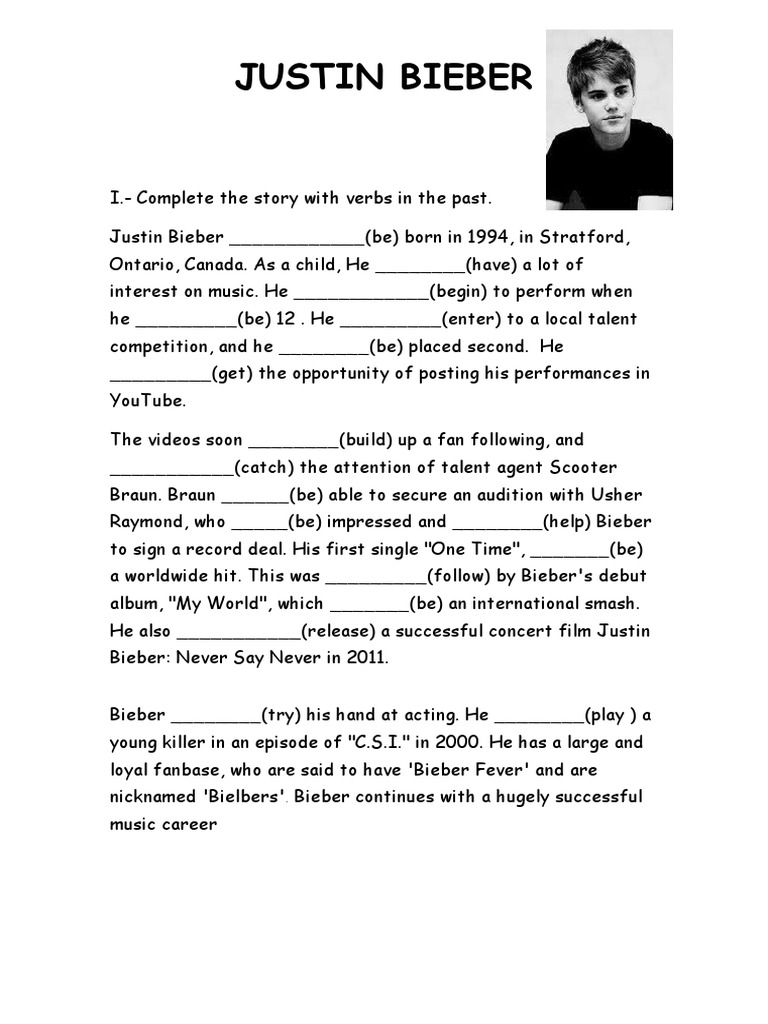 Justin Bieber Biography Reading Comprehension Exercises - Word | PDF