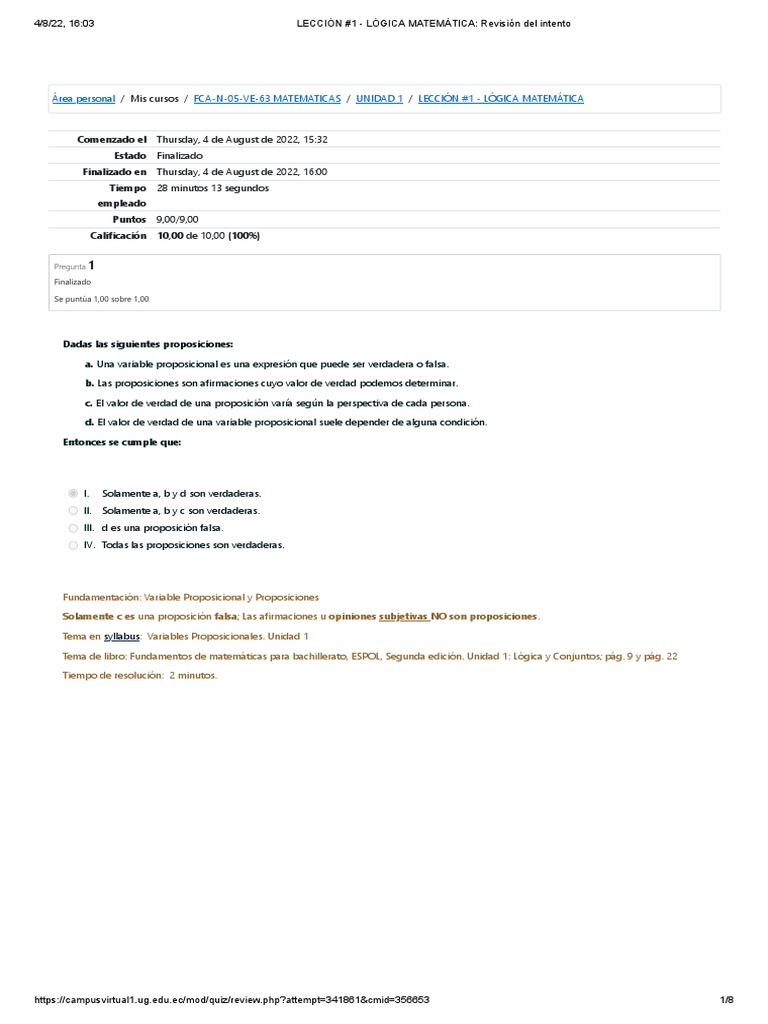 10 LECCIÓN #1 - LÓGICA MATEMÁTICA - Revisión Del Intento | PDF | Proposición | Lógica