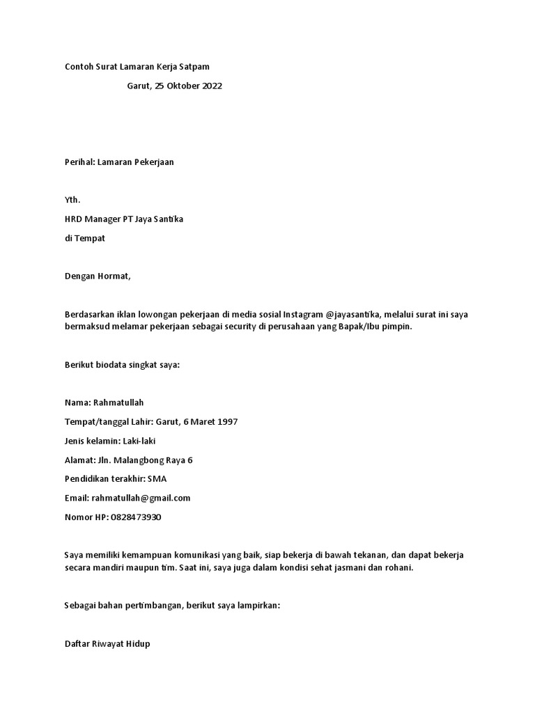 Contoh Surat Lamaran Kerja Satpam | PDF