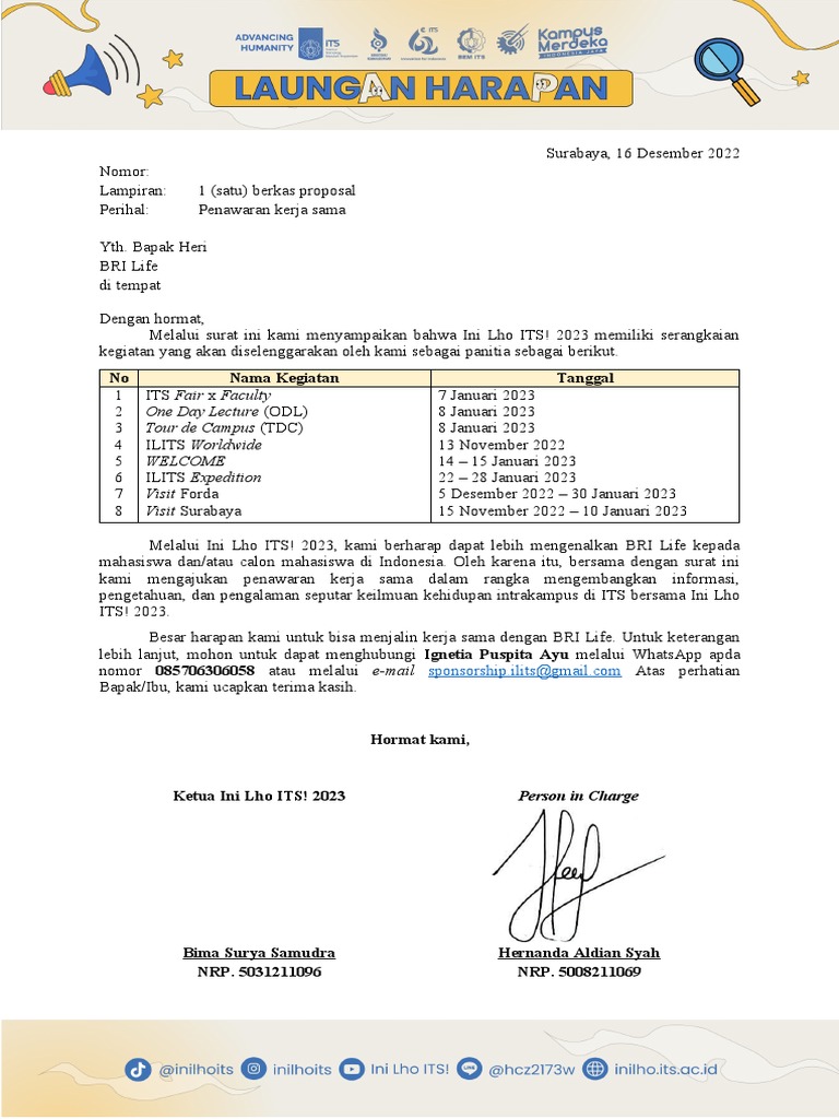 Penawaran Kerja Sama BRI Life di ITS 2023 | PDF