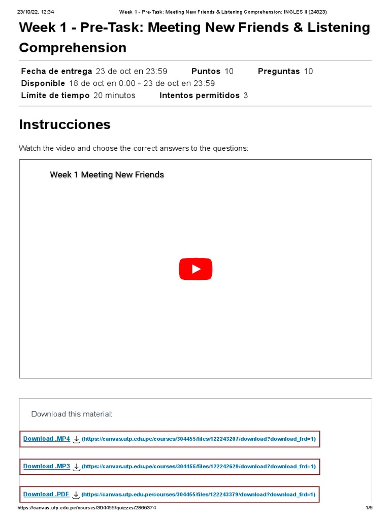 Week 1 - Pre-Task - Meeting New Friends & Listening Comprehension - INGLES II (24823) | PDF