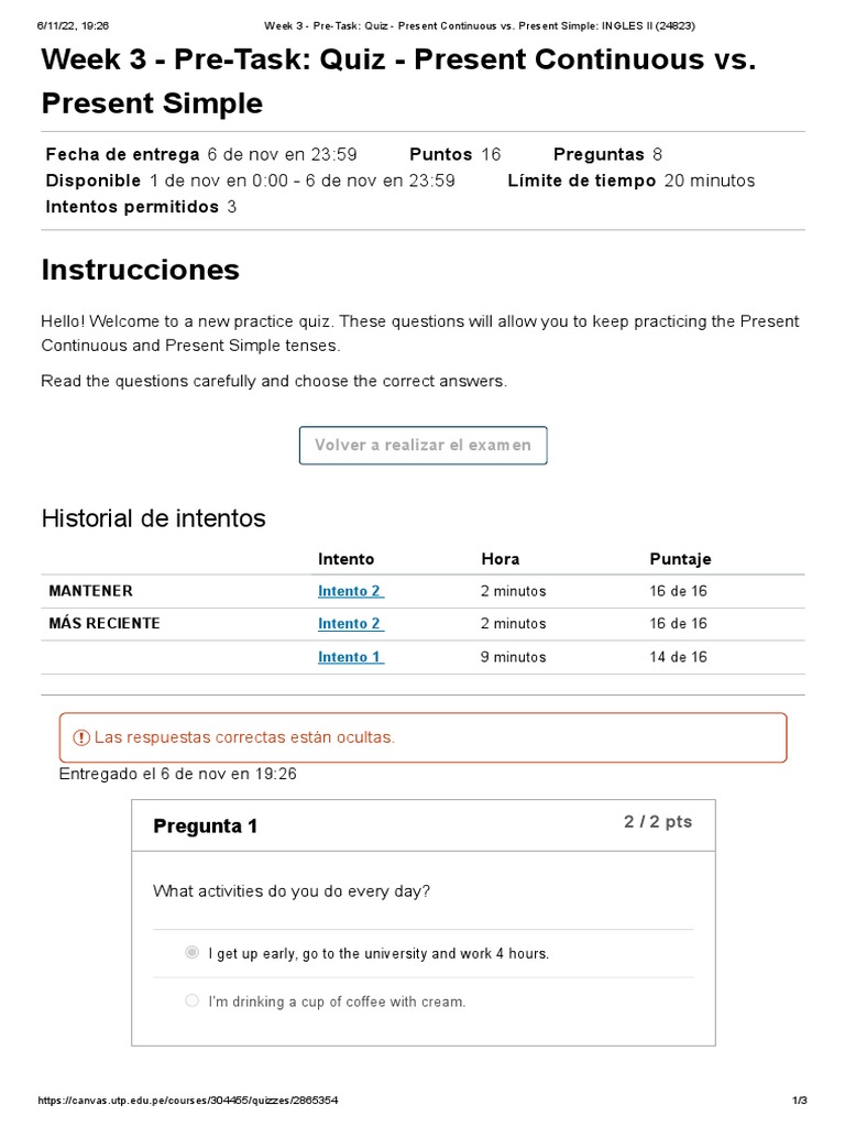 Week 3 - Pre-Task - Quiz - Present Continuous vs. Present Simple - INGLES II (24823) | PDF