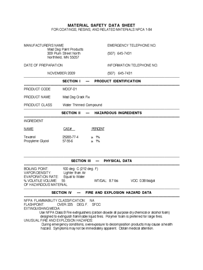 Mad Dog Crack Fix Primer Material Safety Data Sheet (MSDS) | PDF ...