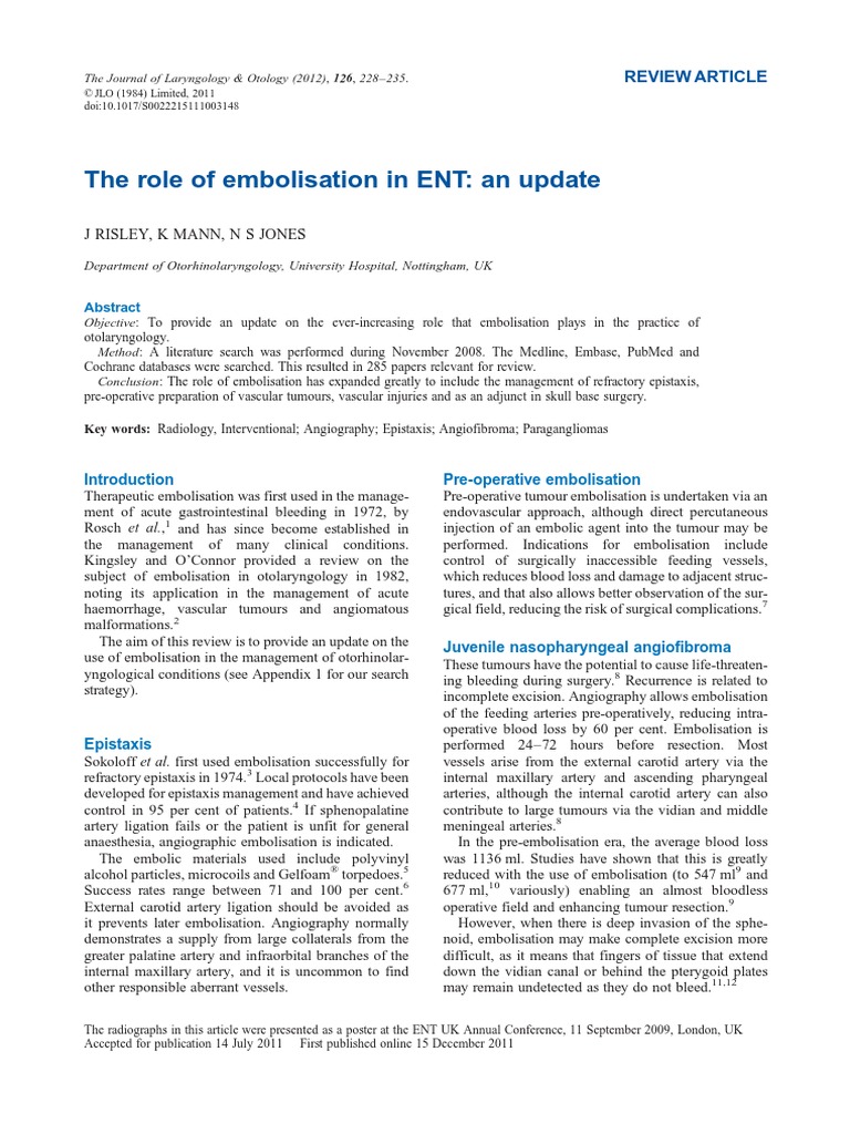 Embolisation in ENT | Download Free PDF | Angiography | Interventional Radiology