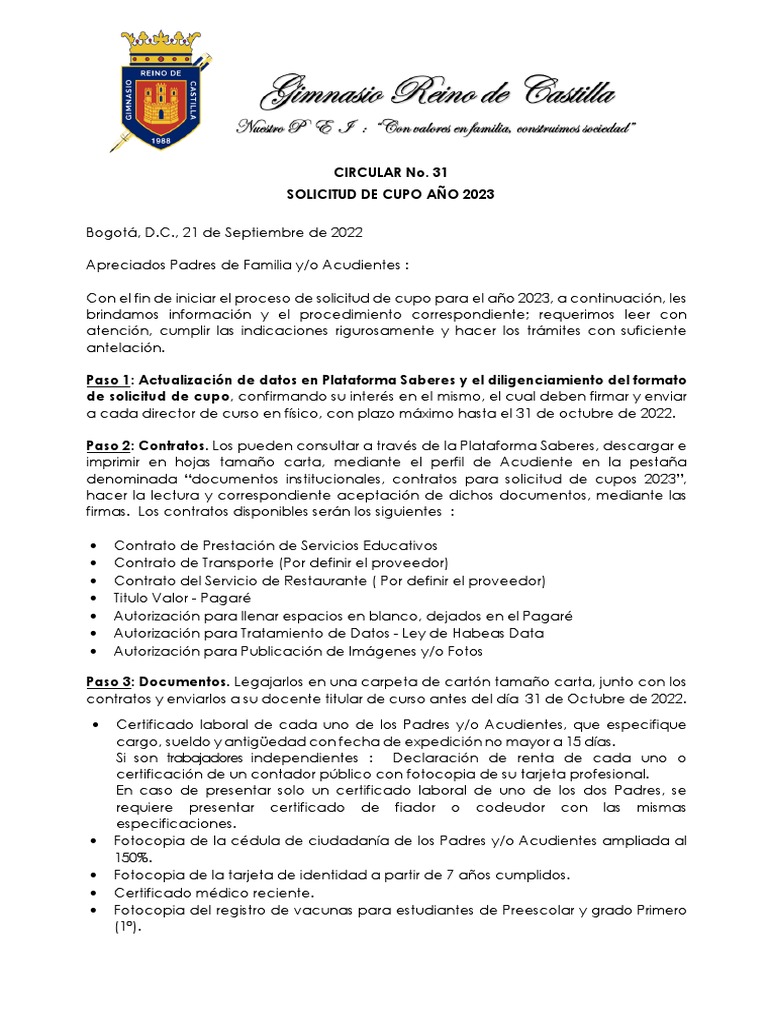 CIRCULAR No. 31 SOLICITUD DE CUPOS 2023 | PDF