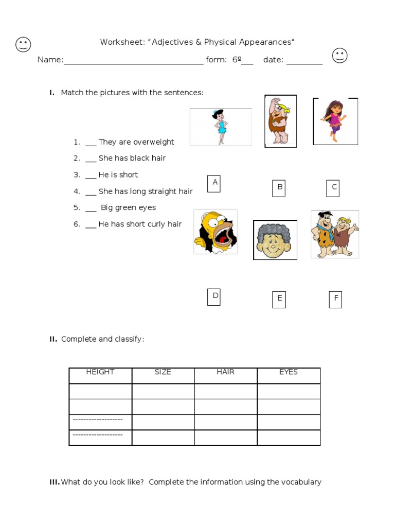 Physical Appearance Worksheet