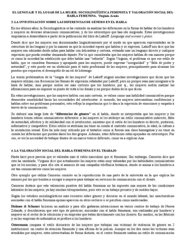 Sociolingüística Feminista y Habla Femenina | PDF | Sociolingüística ...