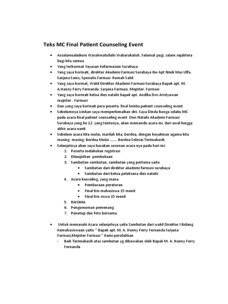 Teks MC Final Patient Counseling Event | PDF