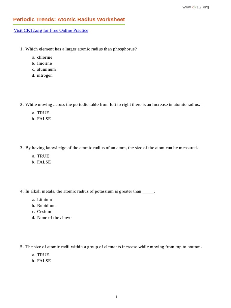 Atomic Radius Practice F 13525490 | PDF | Atomic | Quantum Mechanics