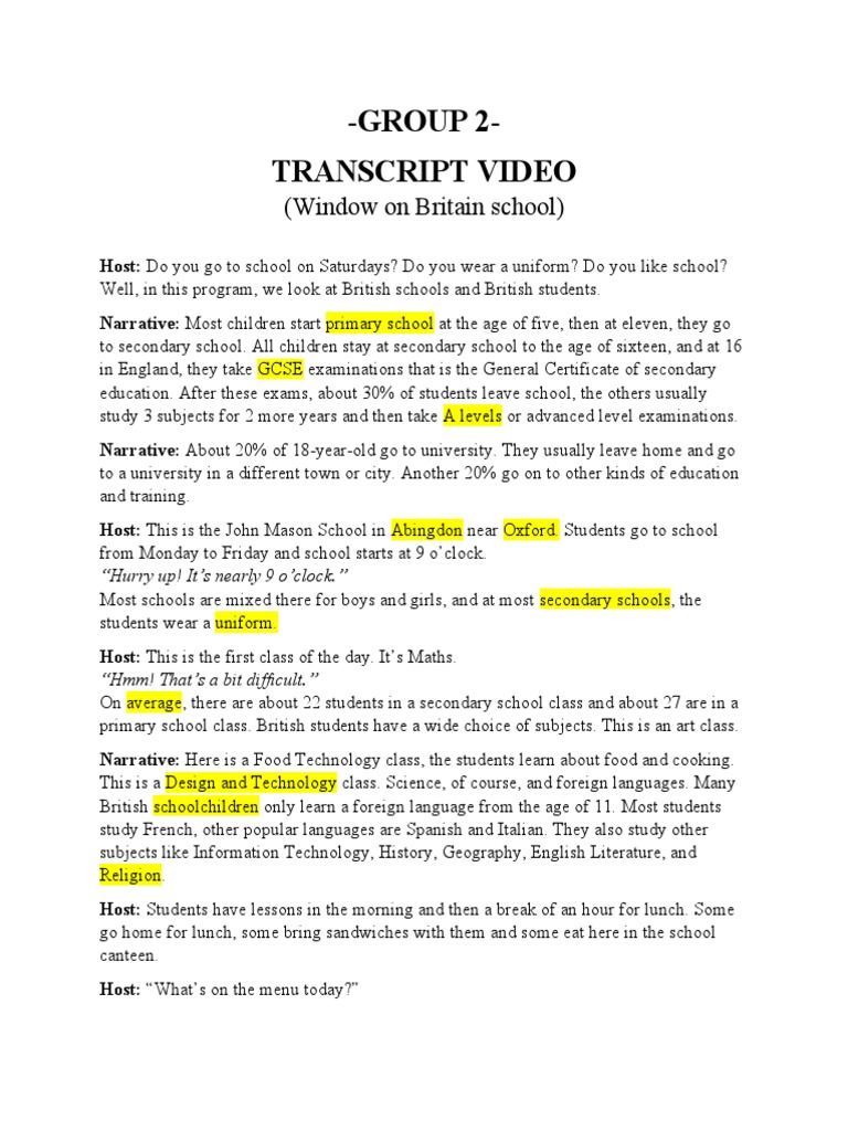 GROUP 2 - Transcript Video | PDF | Schools | Educational Institutions