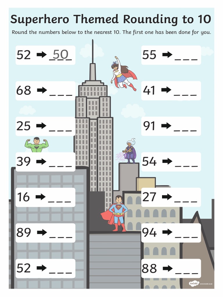 T T 17271 Superhero Themed Rounding To 10 Activity Sheet - Ver - 3 | PDF