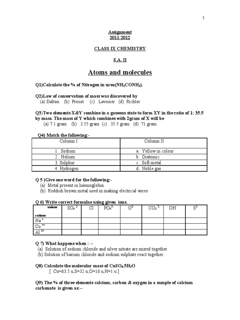 CBSE Class 9 Chemistry Worksheet - Atoms and Molecules | PDF | Atoms | Mole (Unit)
