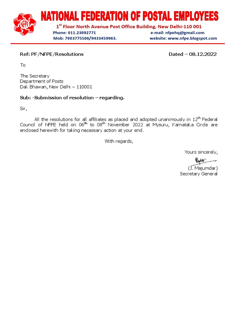 Resolution Adopted in 12th Federal Council NFPE at Mysuru Karnataka ...