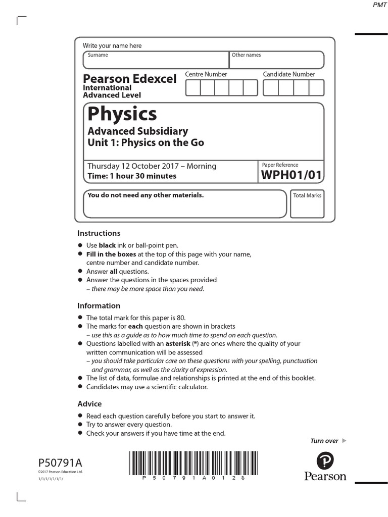 October 2017 (IAL) QP - Unit 1 Edexcel Physics A-Level | PDF ...