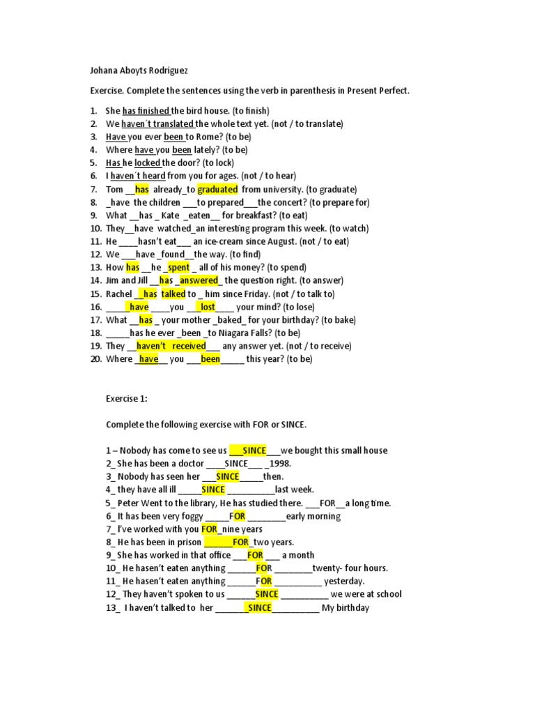 Present Perfect - Complete Sentences-1 | PDF