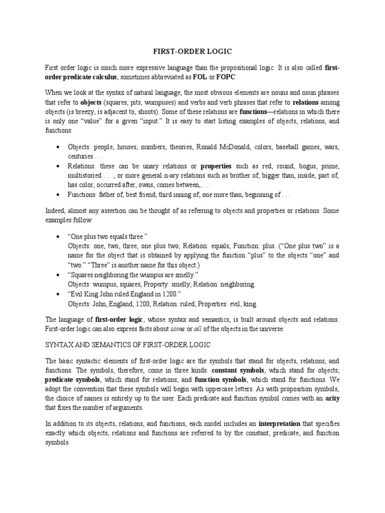 UNIT 3 Part 2 (A) - First Order Logic | PDF | First Order Logic | Interpretation (Logic)