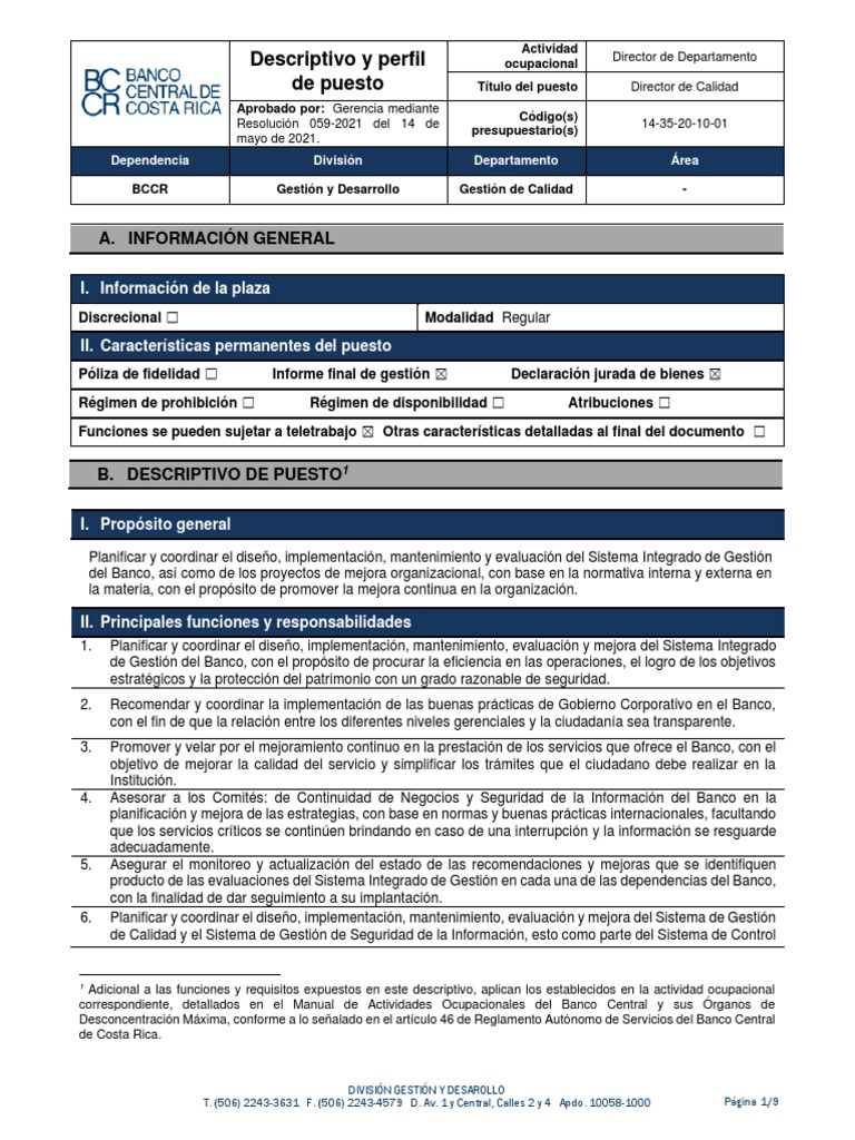 PERFIL Director Gestión de Calidad | PDF | Calidad (comercial) | Contador