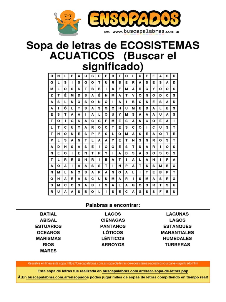 Sopa de Letras de Ecosistemas Acuaticos Buscar El Significado | PDF