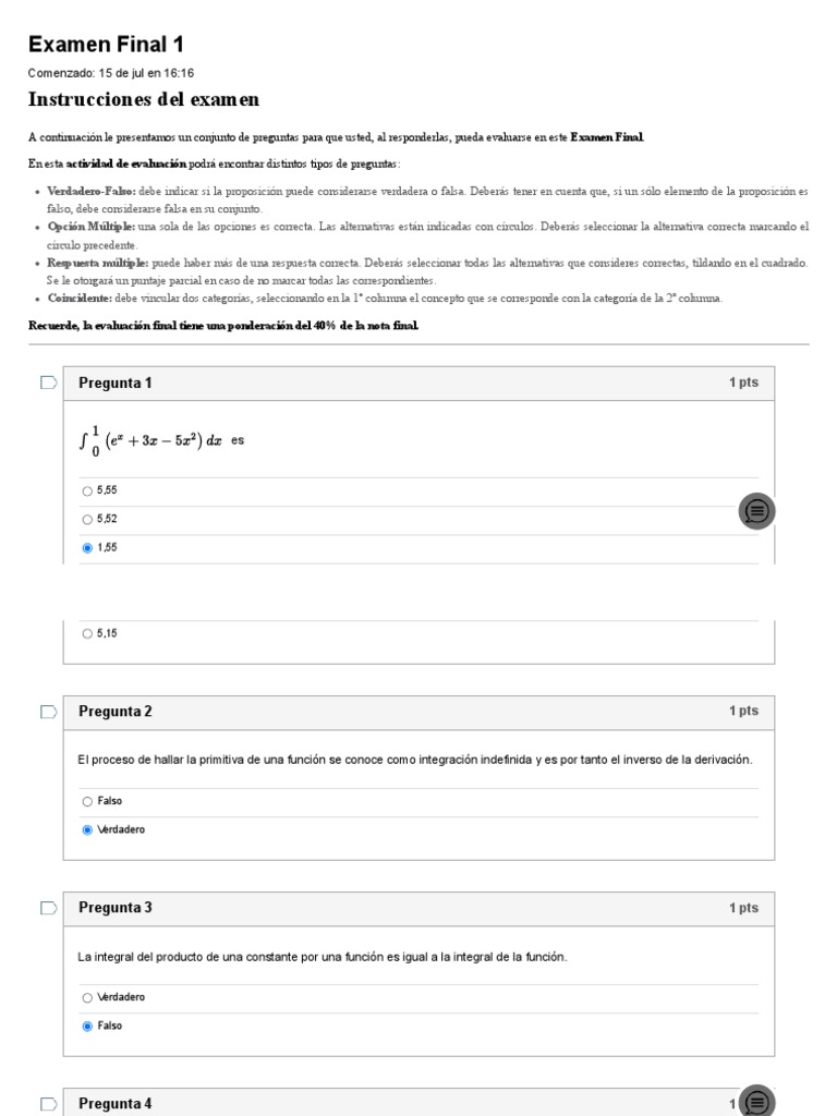 Matematica IV - Examen Final 1 | PDF | Integral | Prueba (evaluación)