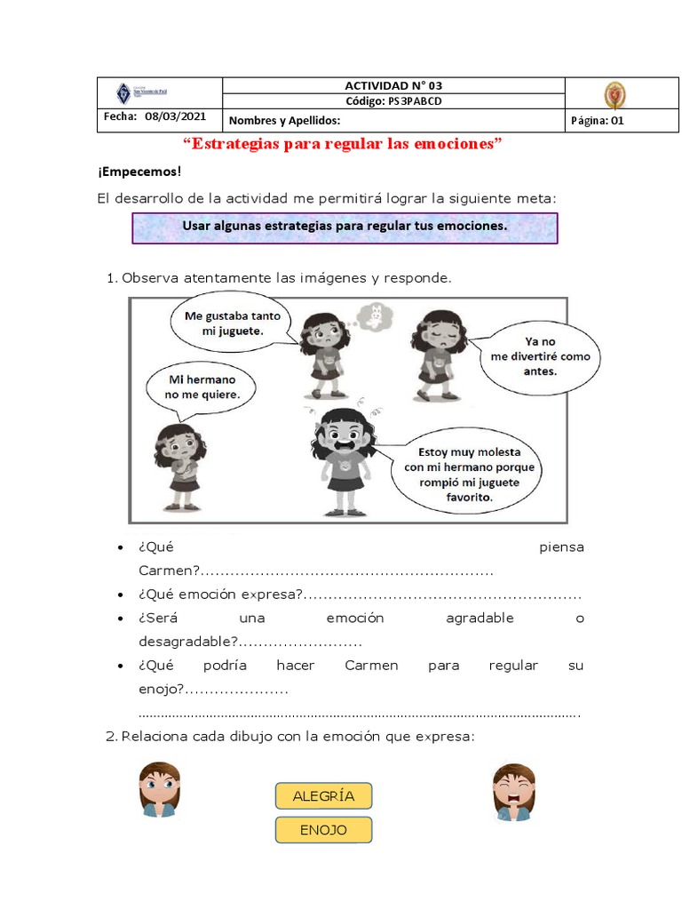 Ficha 03 Estrategias para Regular Emociones3 Prii Bim | PDF